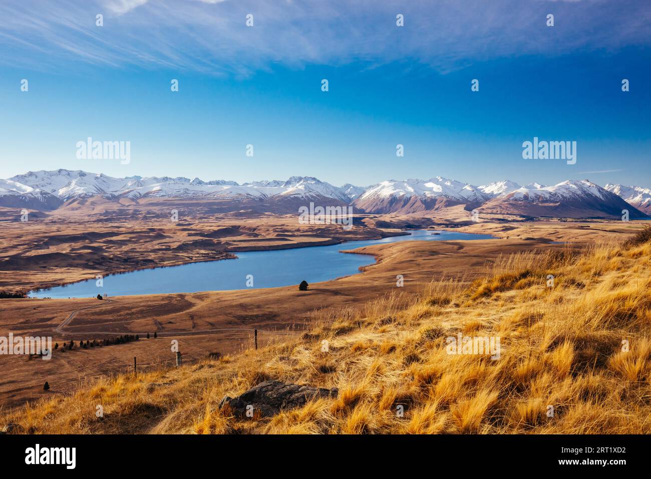 The view of the southern alps and Lake Alexandrina from Mt John Walkway ...