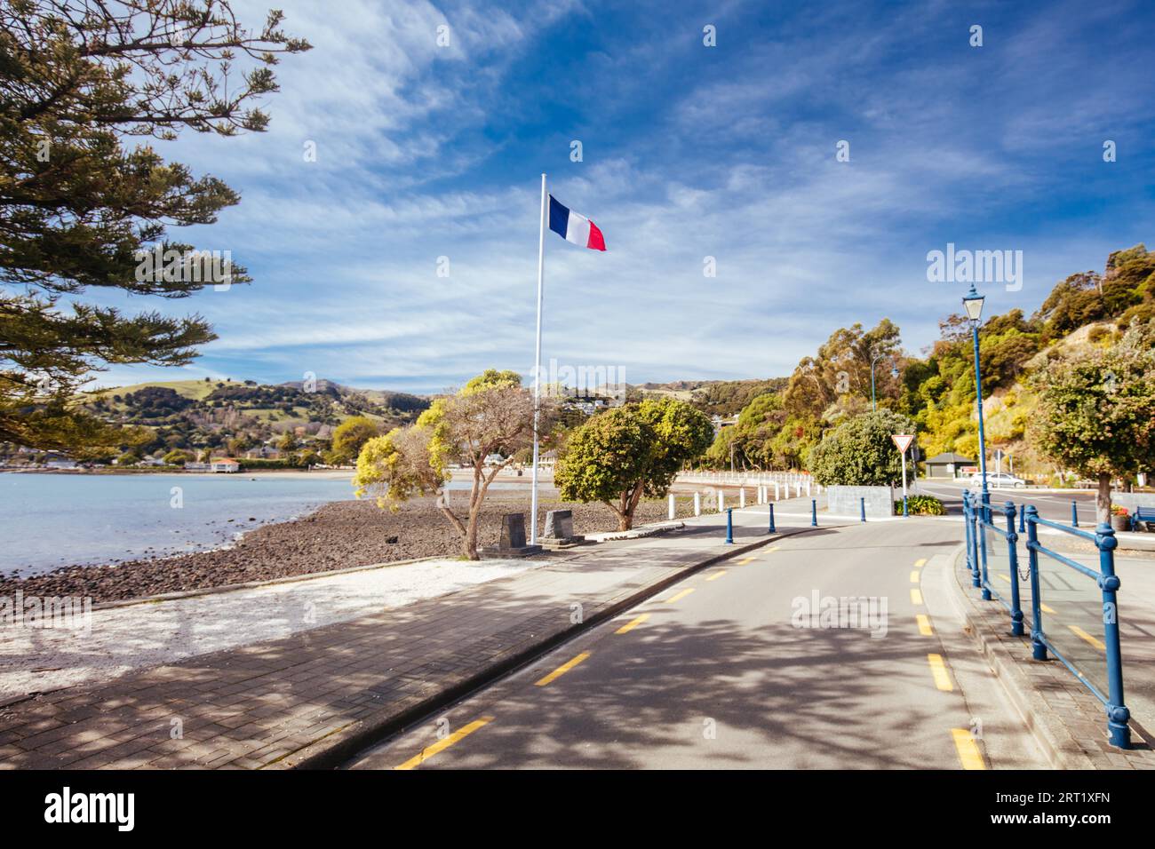 Beach Rd and waterfront in the French settlement of Akaroa on Banks ...