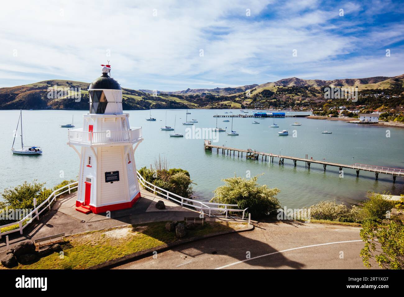The preserved iconic Akaroa Lighthouse in the settlement of Akaroa on ...