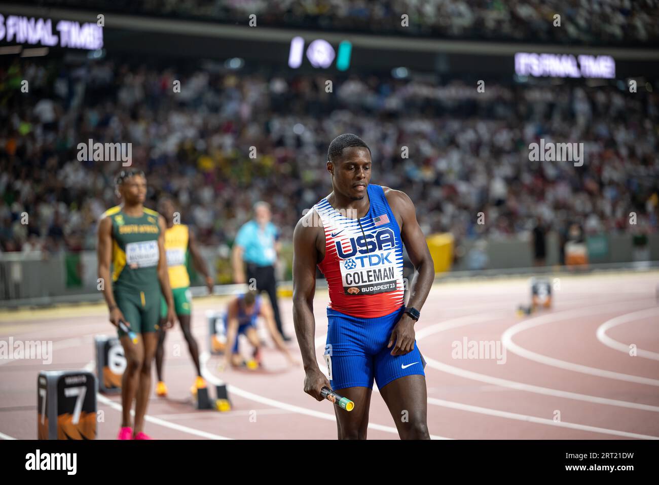 Christian Coleman participating in the 4X100 meters relay at the World Athletics Championships ...