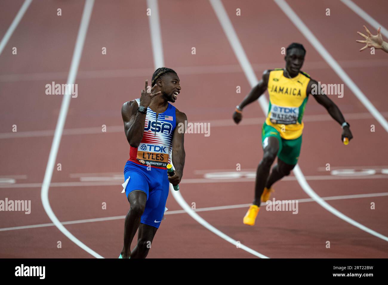 Noah Lyles winning in the 4x100 meters relay meters at the World Athletics Championships in ...