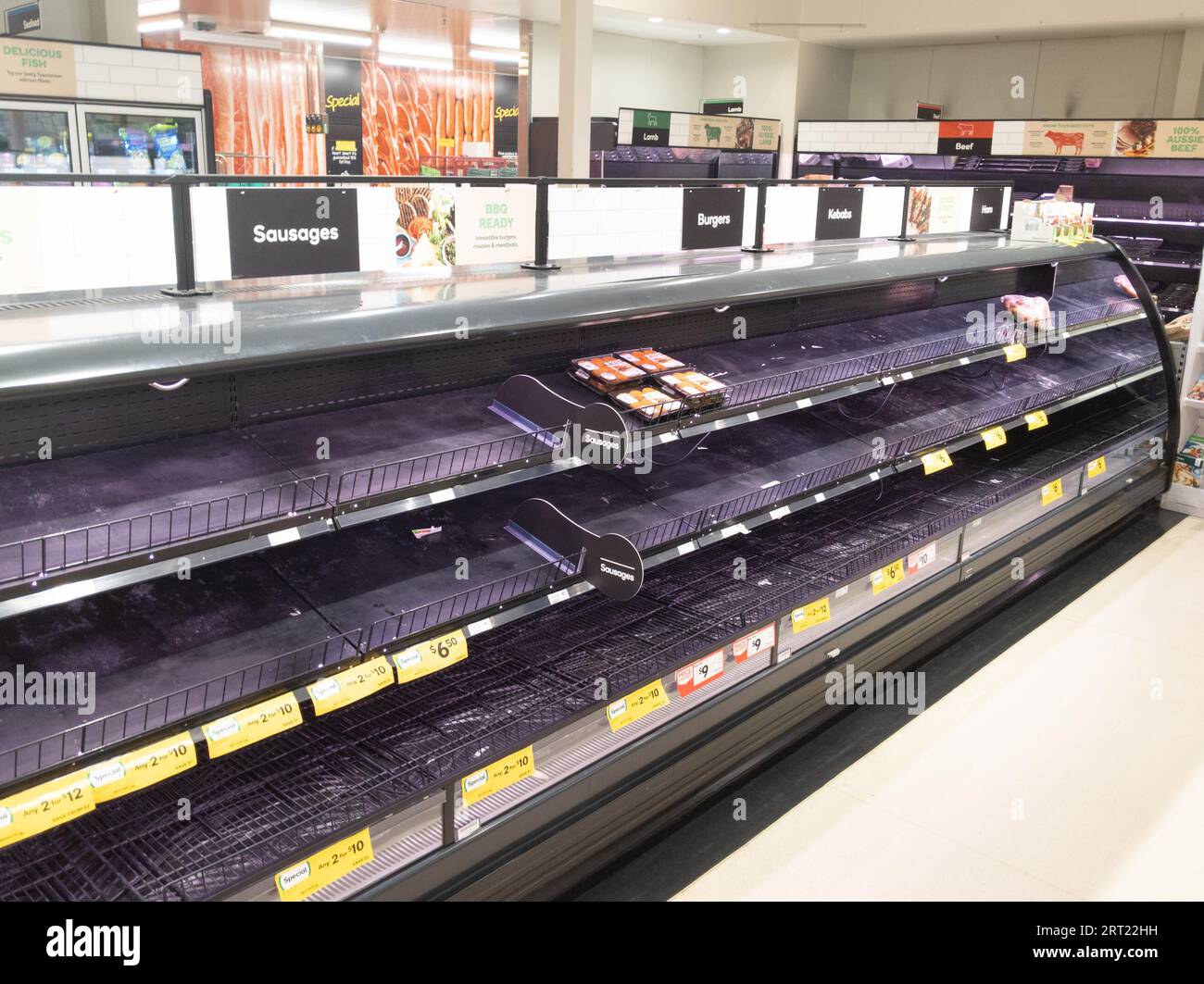 MELBOURNE, AUSTRALIA, MARCH 17, 2020: Empty meat product shelves in an ...