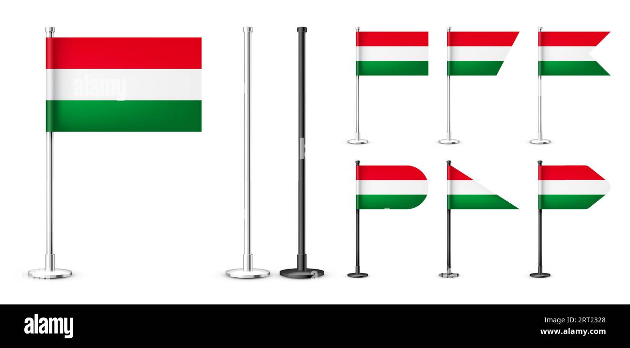 Realistic various Hungarian table flags on a chrome steel pole ...
