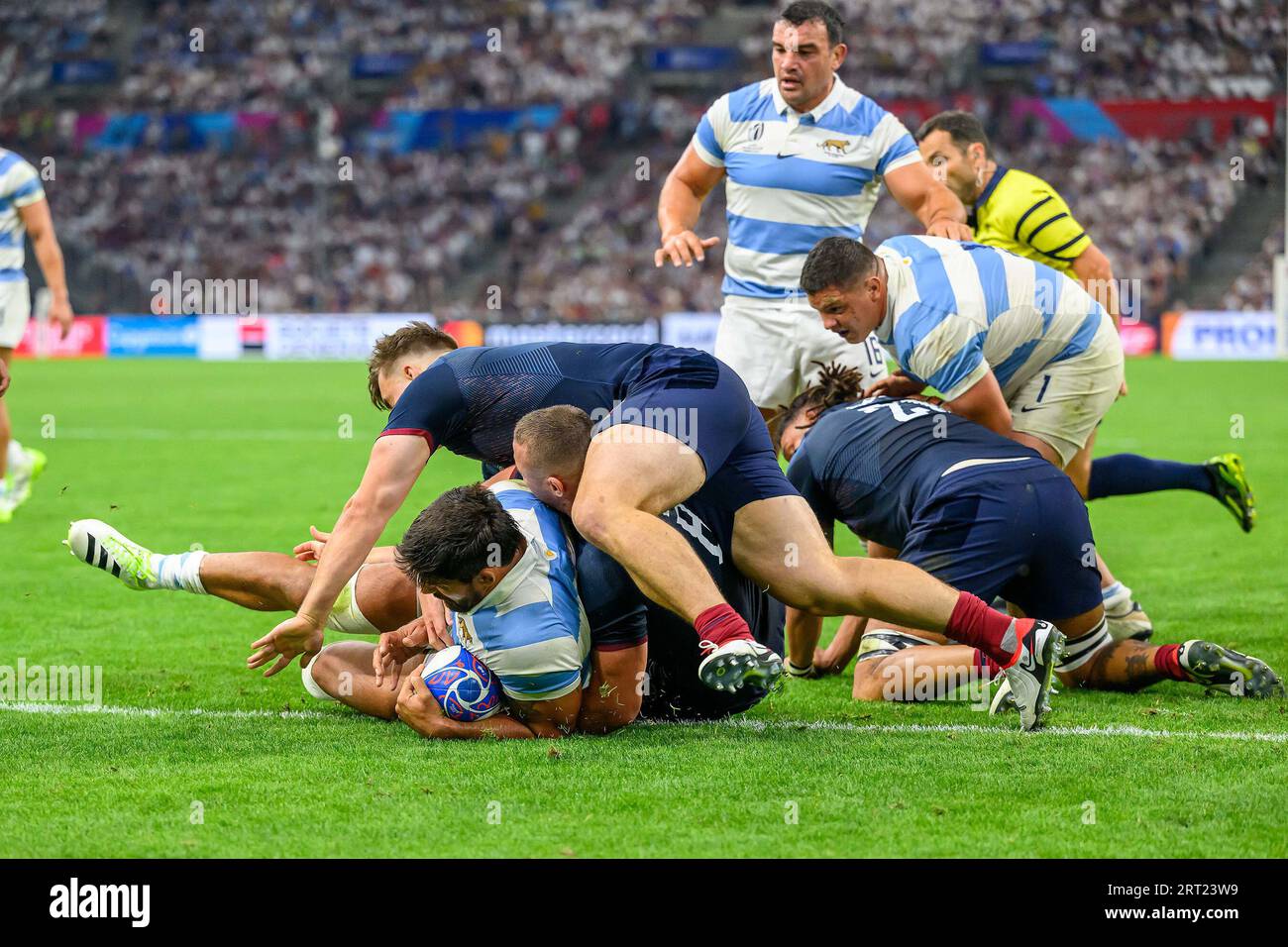 Rodrigo Bruni of Argentina scores a try during the Rugby World Cup 2023 ...