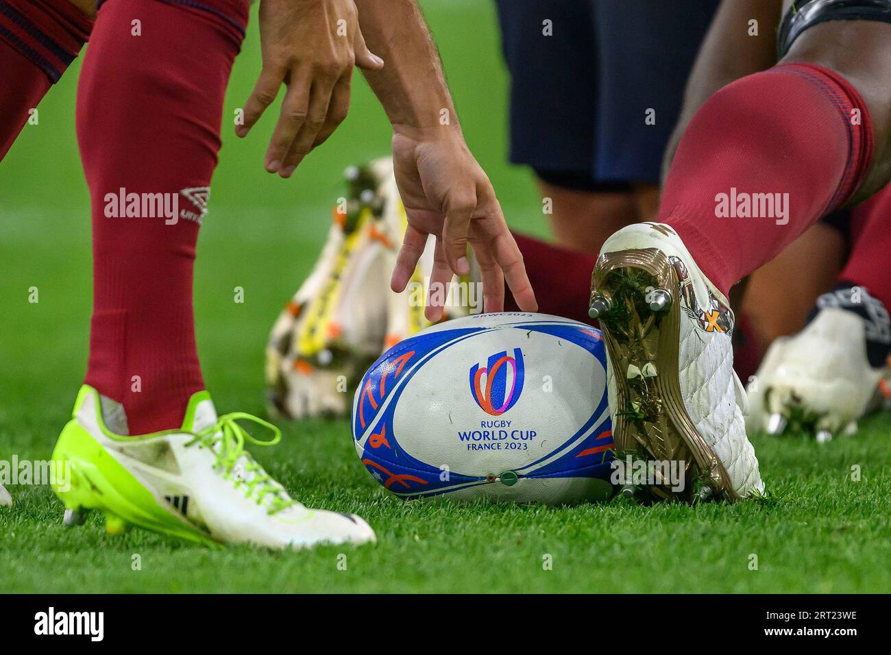 The ball lies at the back of a ruck during the Rugby World Cup 2023 ...