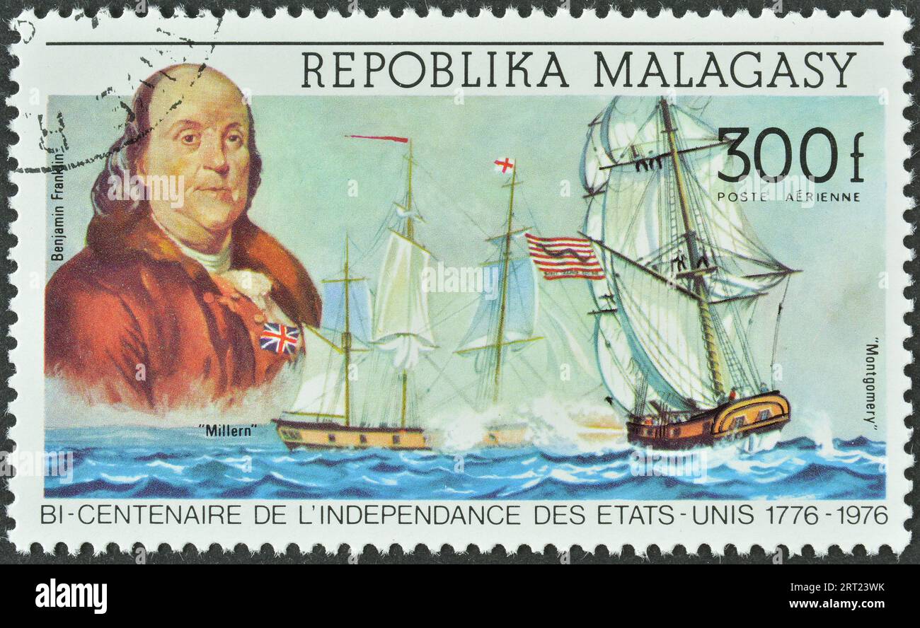 Cancelled postage stamp printed by Madagascar, that shows Benjamin ...