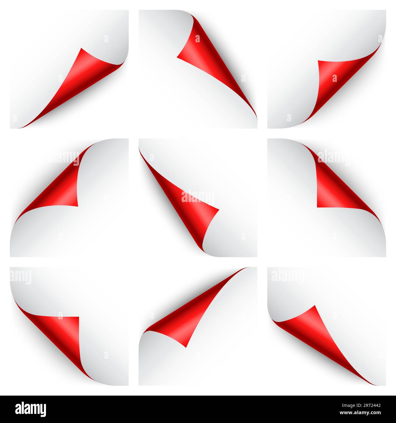 Set of red paper curls. Curled page corner with shadow. Blank sheet of ...