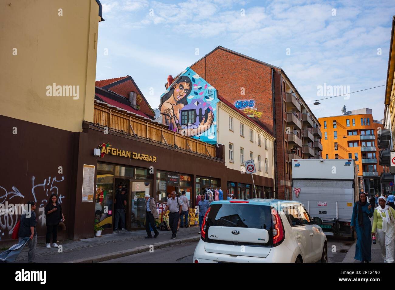 Oslo, Norway, June 20, 2023: A city street sceen in an Afghan ...