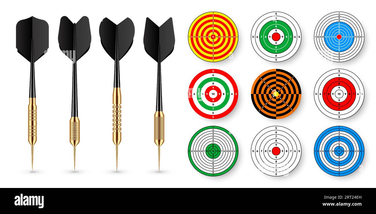 Paper targets with dart arrows and shadows. Shooting range round target ...
