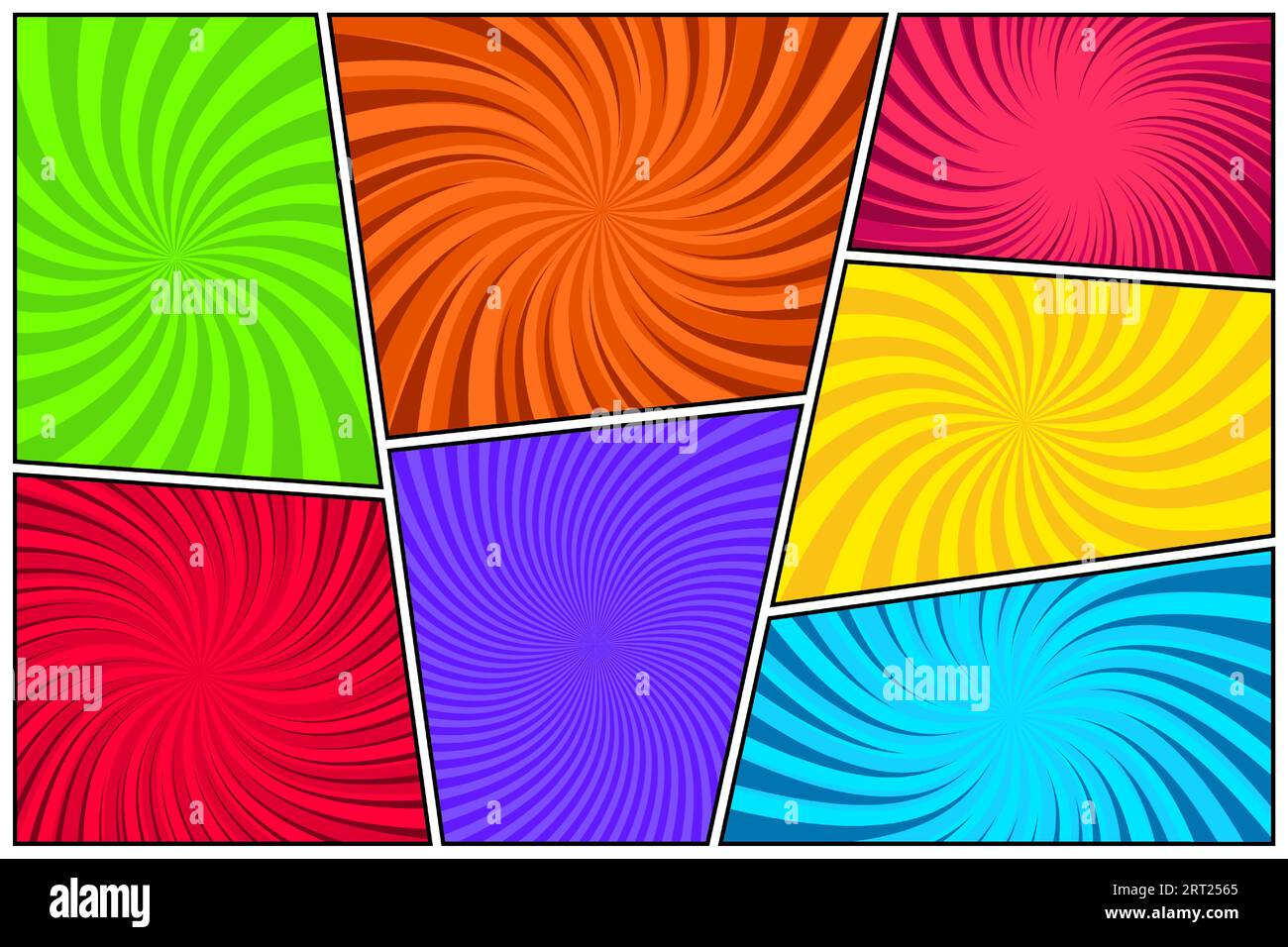 Colorful twisted comic book radial rays, lines. Comics background with motion, speed lines. Pop ...