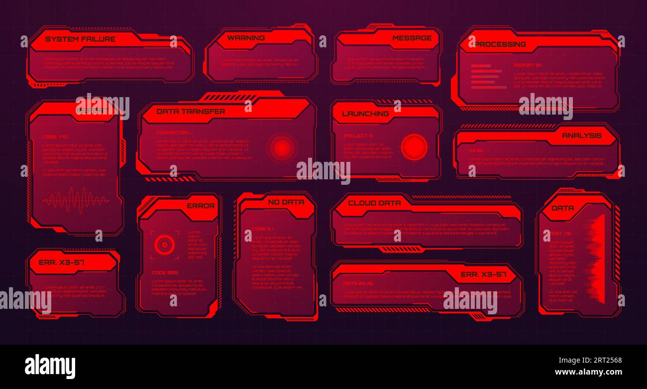 Red futuristic HUD or UI elements. Sci-fi user interface text boxes, callouts. Warning message ...