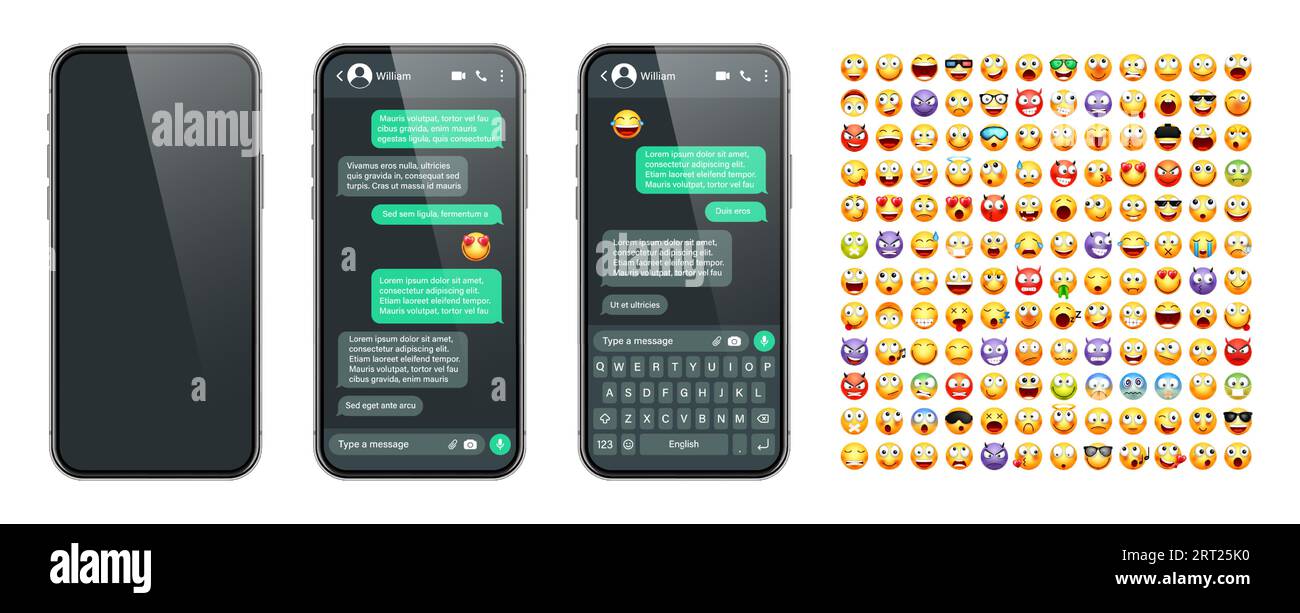 Smartphone messaging app, user interface with emoji. SMS text frame ...