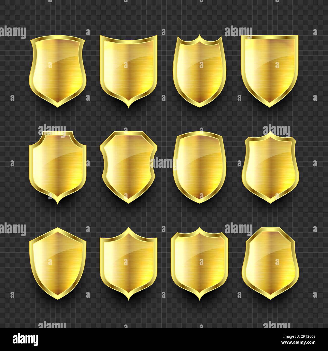 Set of various vintage 3d metal shield icons. Shiny golden heraldic ...
