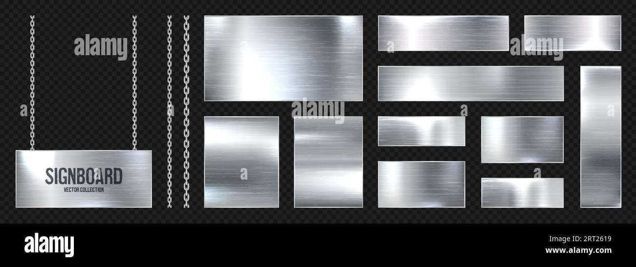Metal banners hanging on a chain. Realistic shiny steel plate with ...