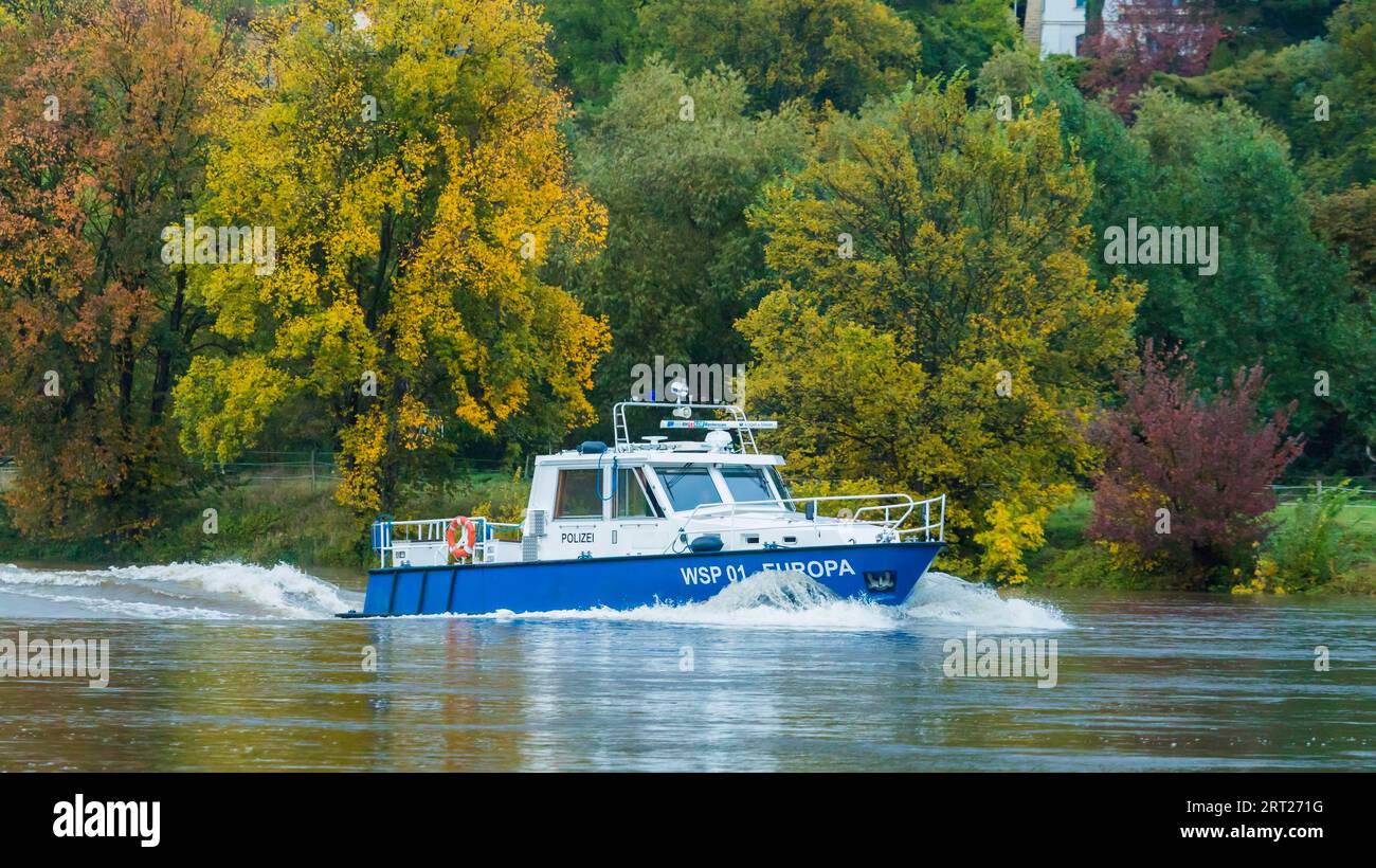 Patrol boat of the water police on the Elbe in Dresden Blasewitz. The ...