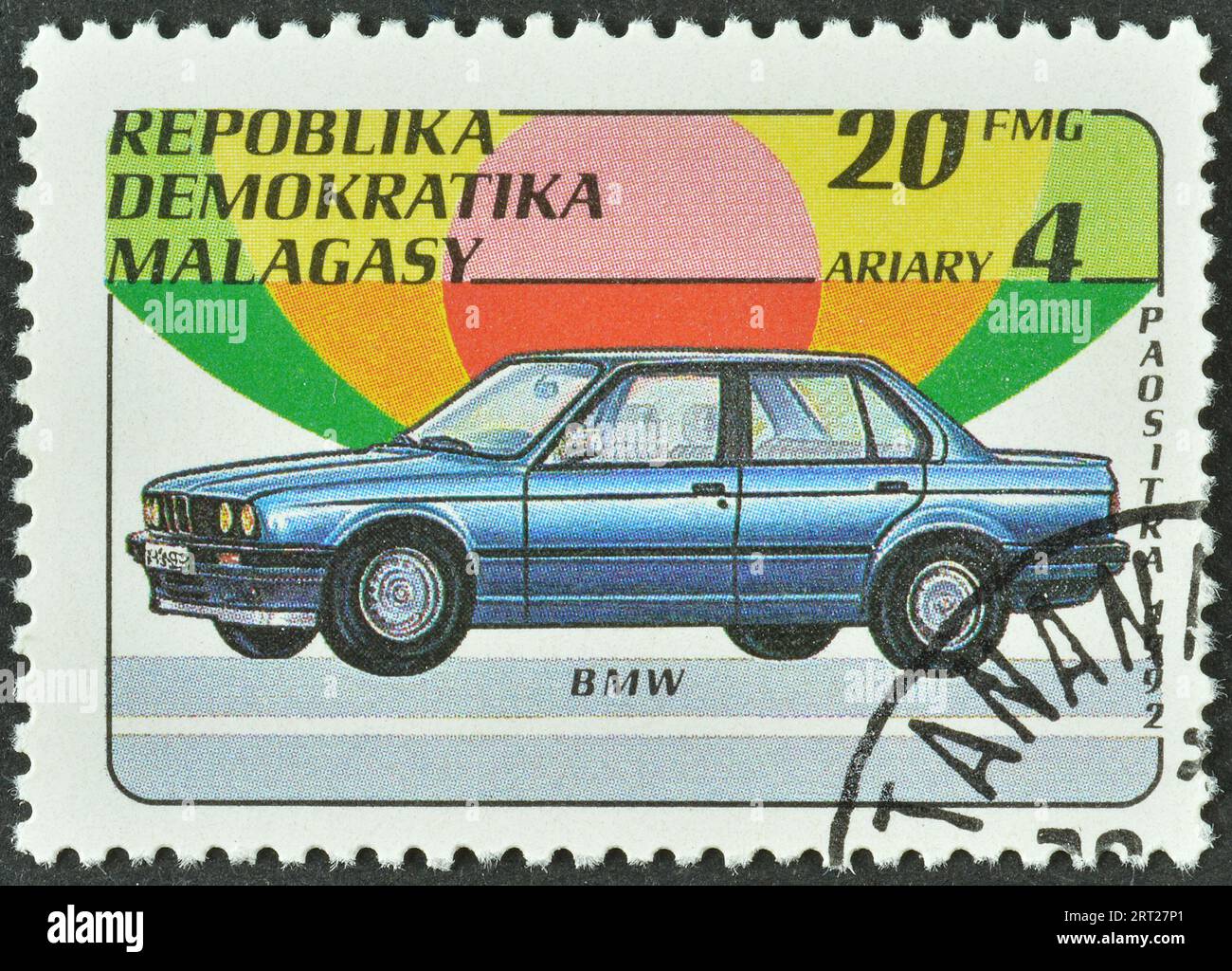 Cancelled postage stamp printed by Madagascar, that shows BMW, circa ...