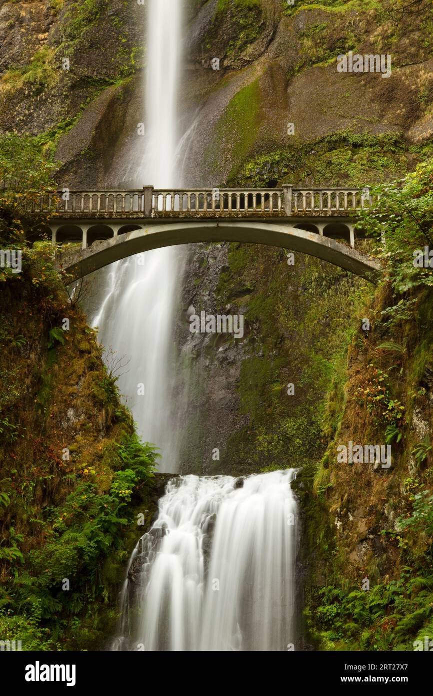 Multnomah Falls - A tall waterfall with footbridge Stock Photo - Alamy