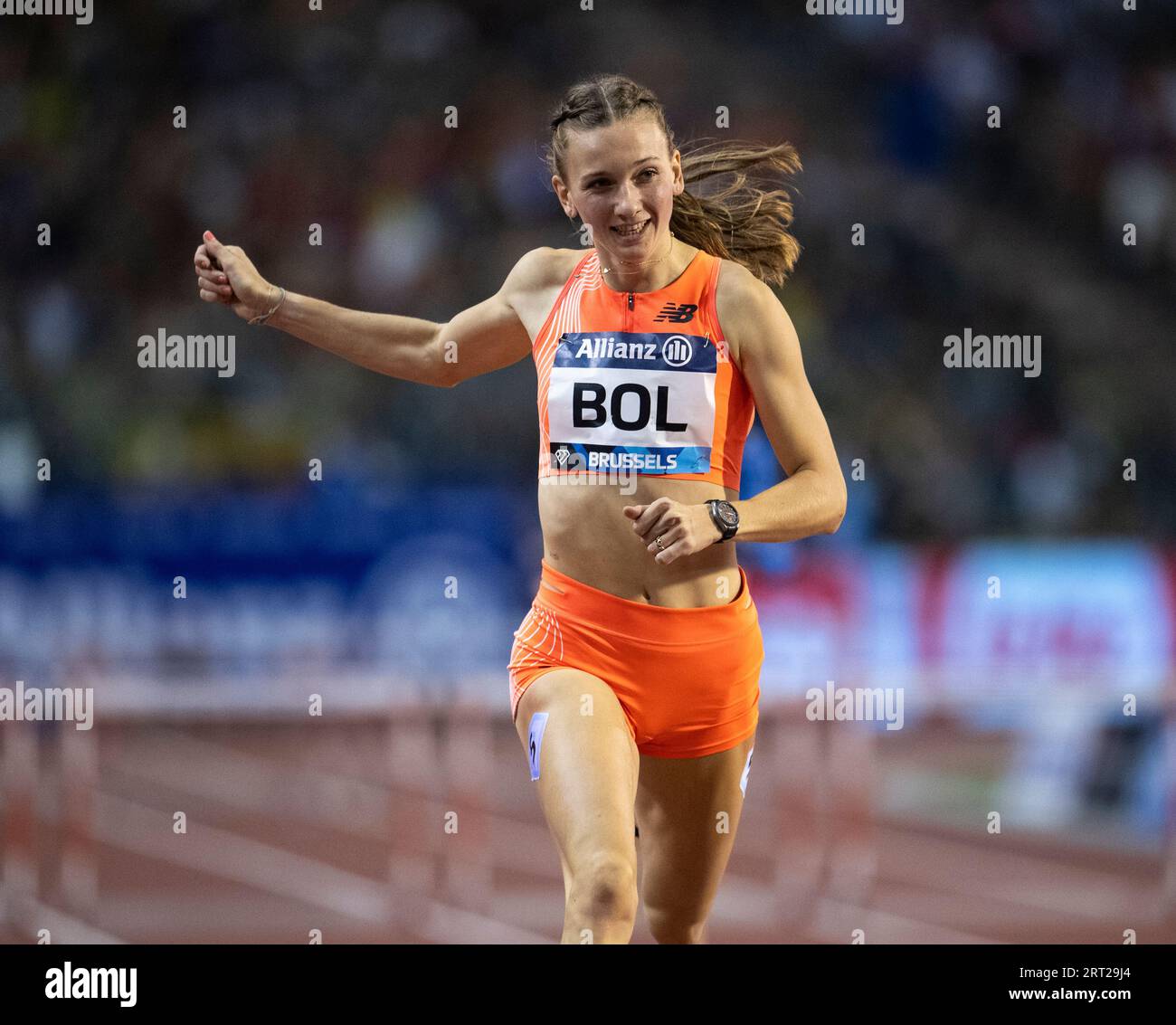 Femke Bol of the Netherlands competing in the women’s 400m hurdles at ...