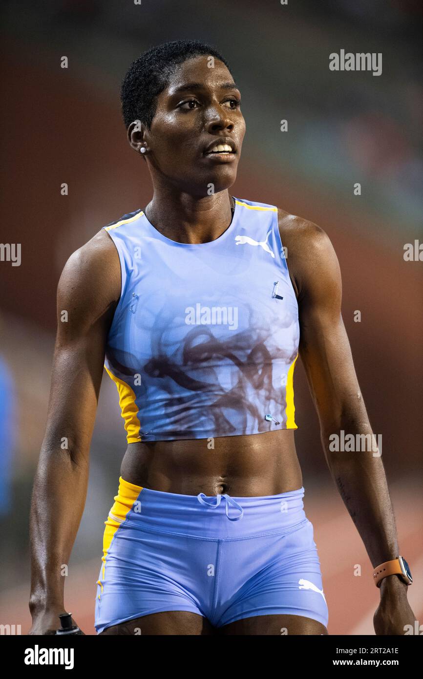 Janieve Russell of Jamaica competing in the women’s 400m hurdles at the ...
