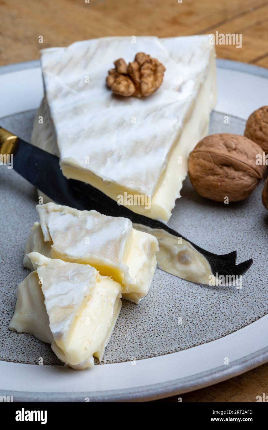 Piece of french soft-ripened white mold cow milk cheese brie produced ...