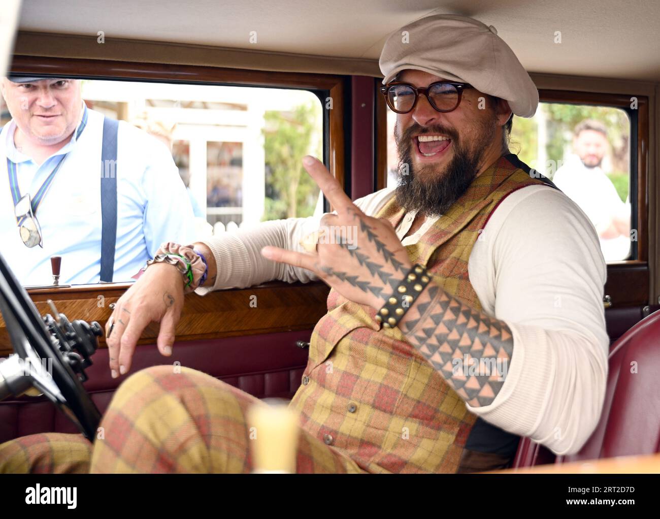 American actor Jason Momoa sits in a vintage Rolls Royce before heading ...