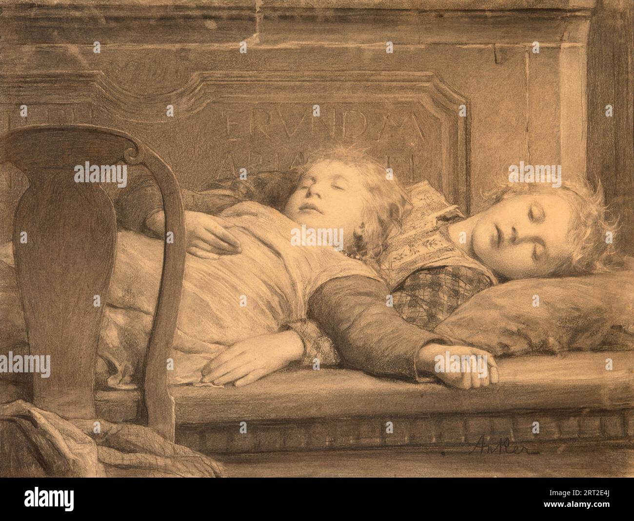 Two sleeping girls on the stove bench, c.1895. Private Collection Stock ...