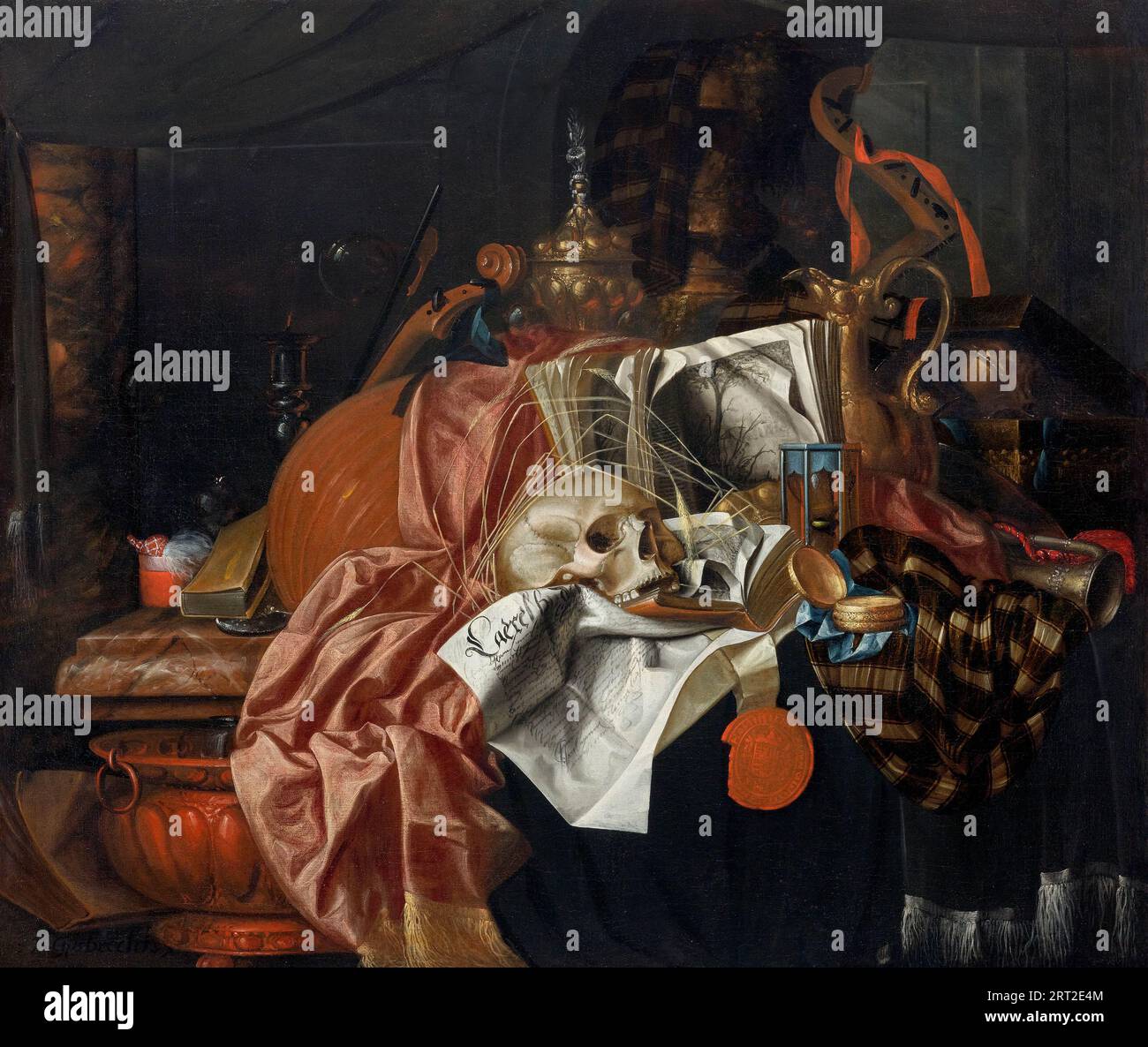 Vanitas still life with musical instruments, ceremonial vessels, books ...