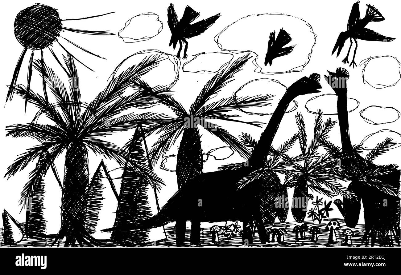 Children s black and white drawing with dinosaurs and pterodactyls. For ...