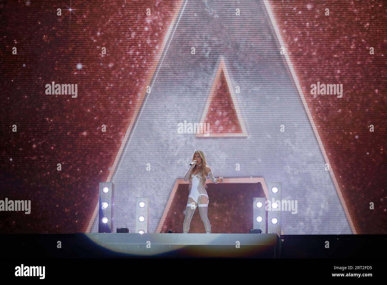 The Malaga singer, Ana Mena, is seen on stage during a concert of her ...