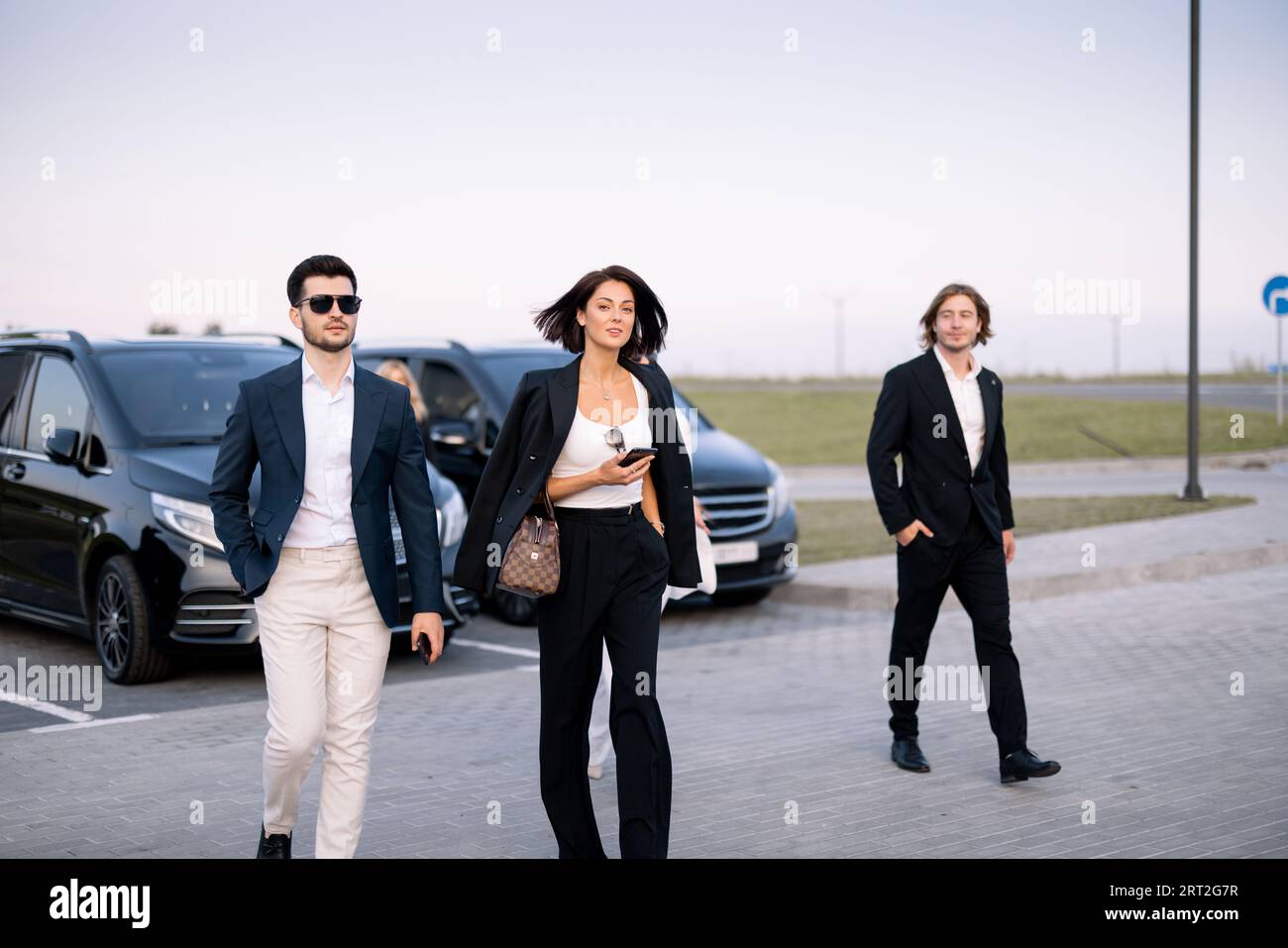 Group of an elegant business people talk on the go Stock Photo - Alamy