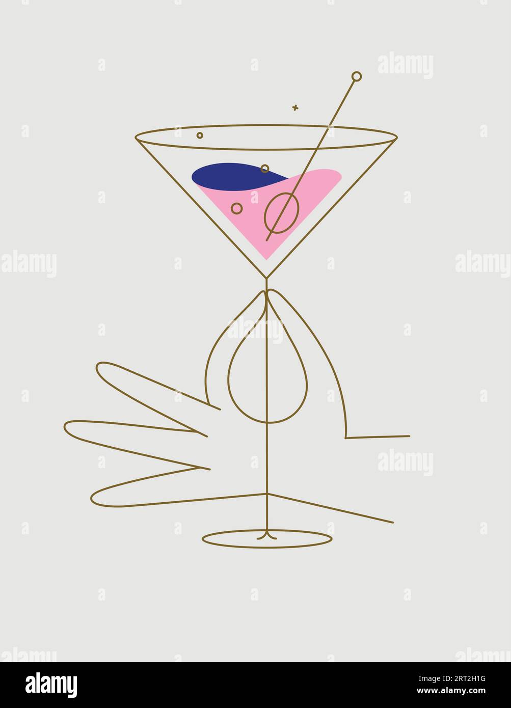 Hand holding glass of cosmopolitan cocktail drawing in flat line style ...