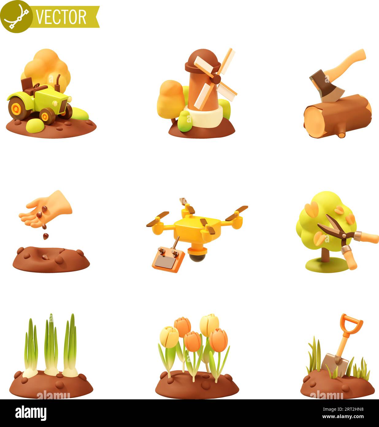 Vector agriculture, farming and gardening icon set. Tractor, windmill ...