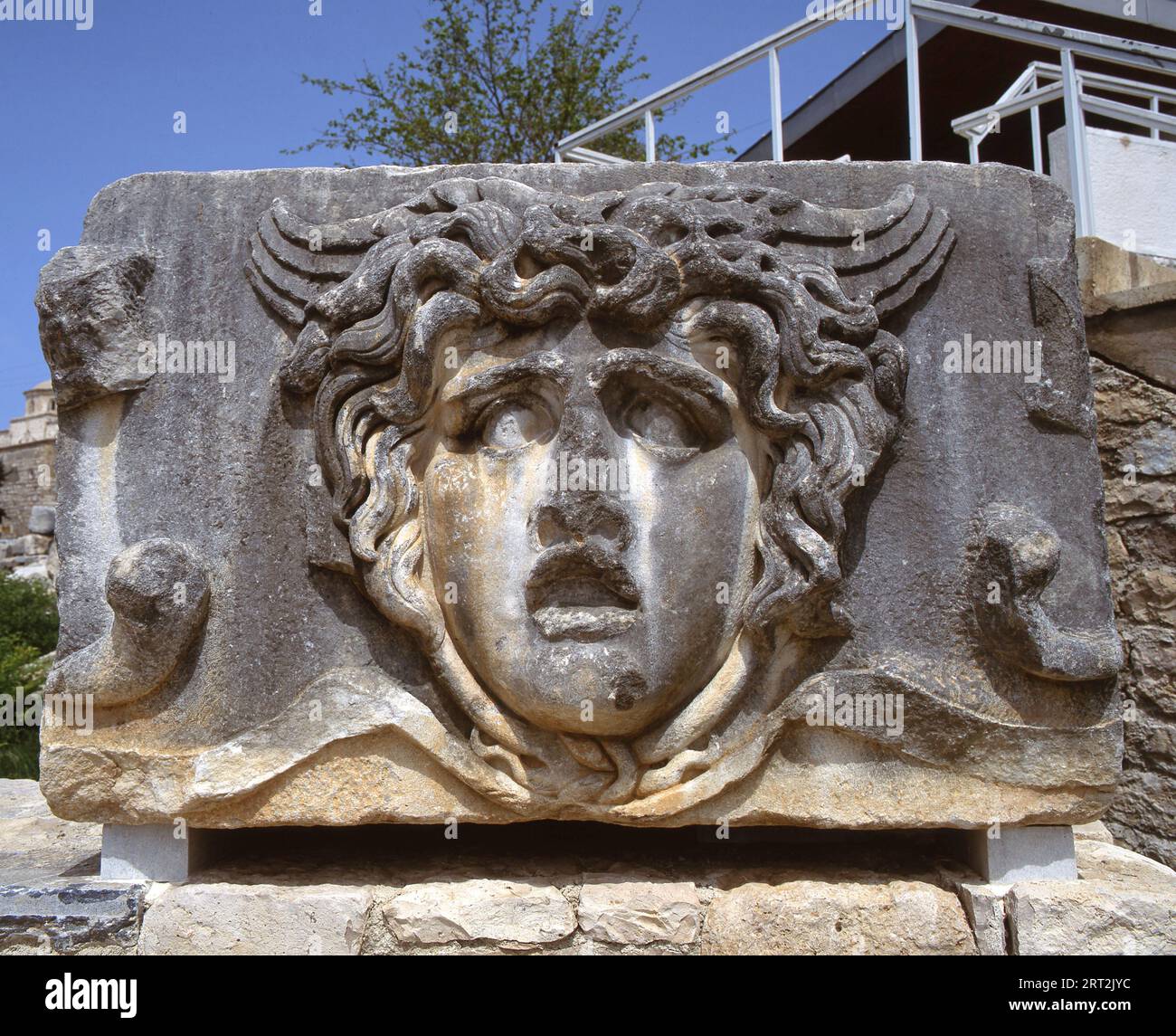 A stone carved face at the ruins of Didyma, or Didymaion, a sanctuary ...