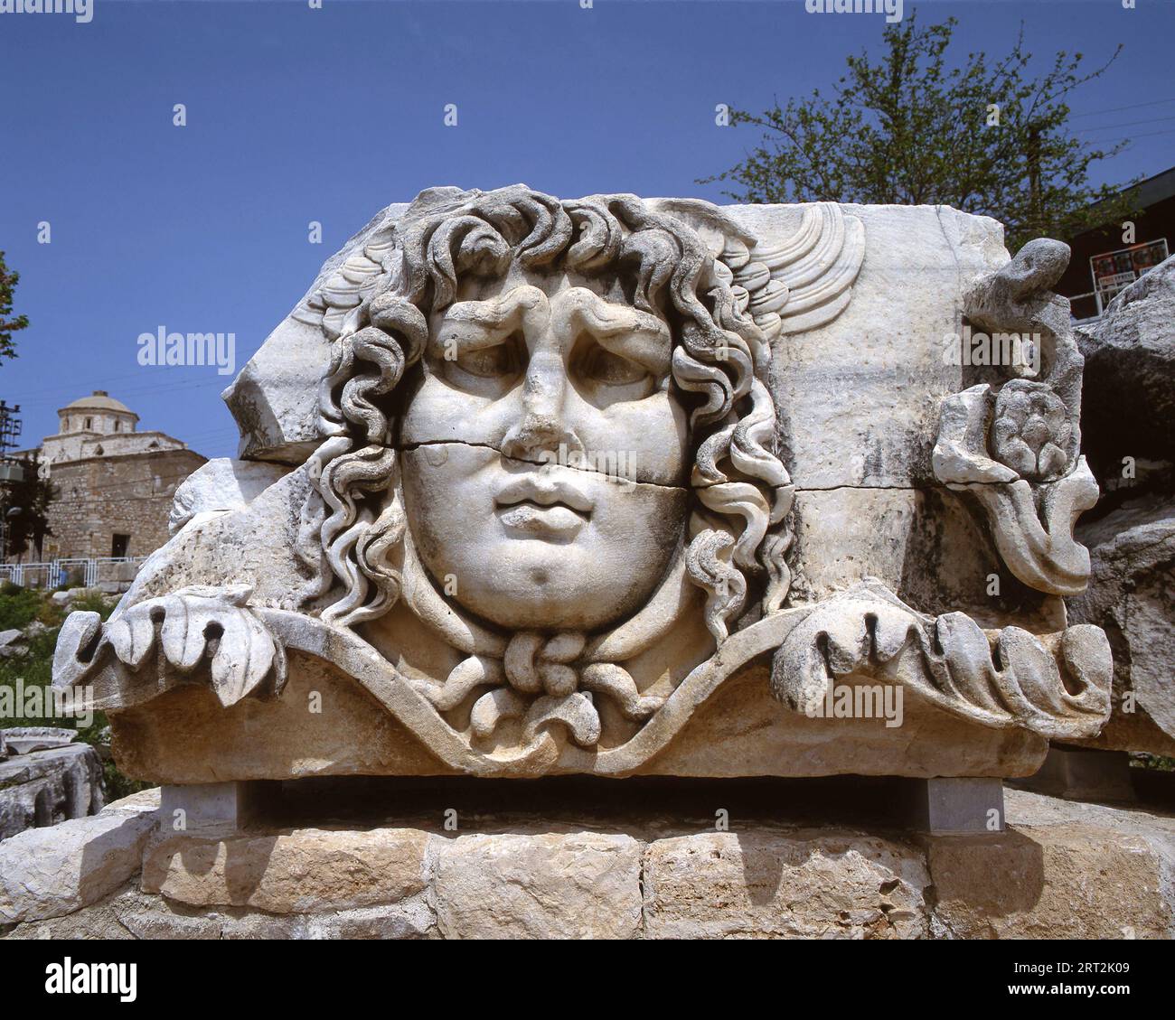 A stone carved face at the ruins of Didyma, or Didymaion, a sanctuary ...