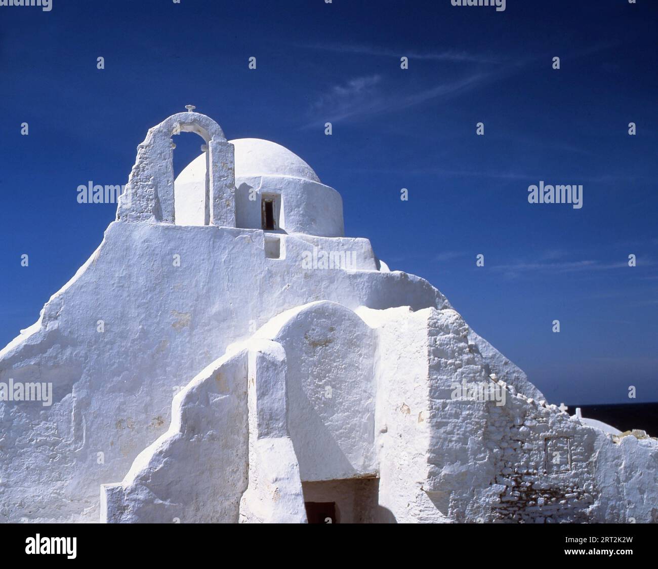 White plaster architecture is typical of the buildings in Mykonos, one ...