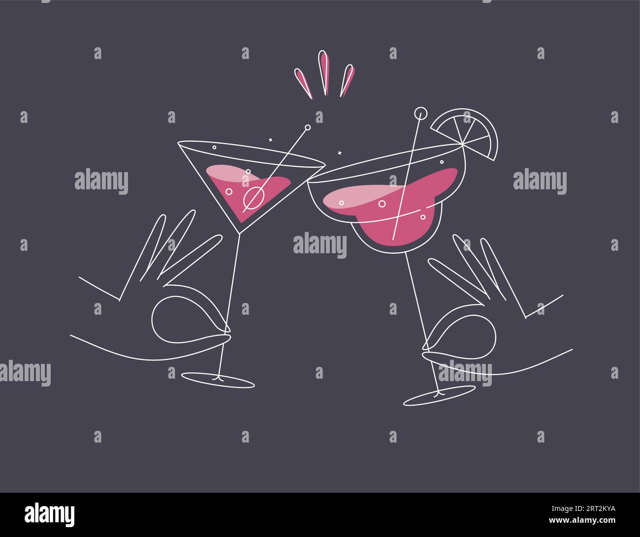 Hand holding margarita and manhattan cocktails clinking glasses drawing ...