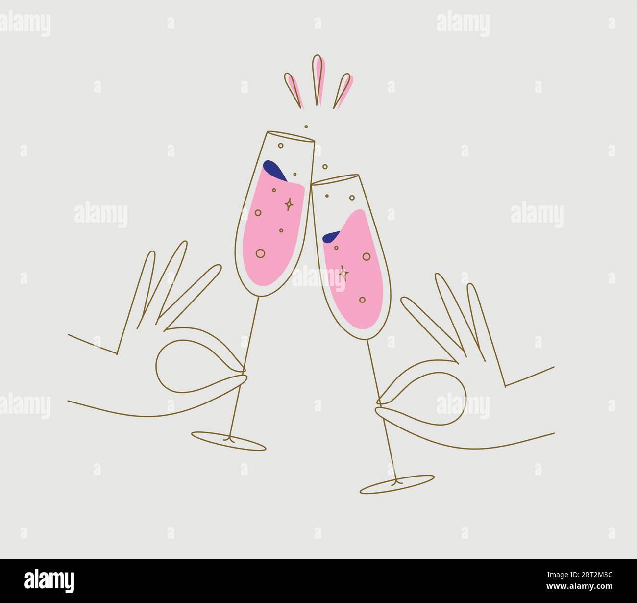Hand holding champagne clinking glasses drawing in flat line style on ...