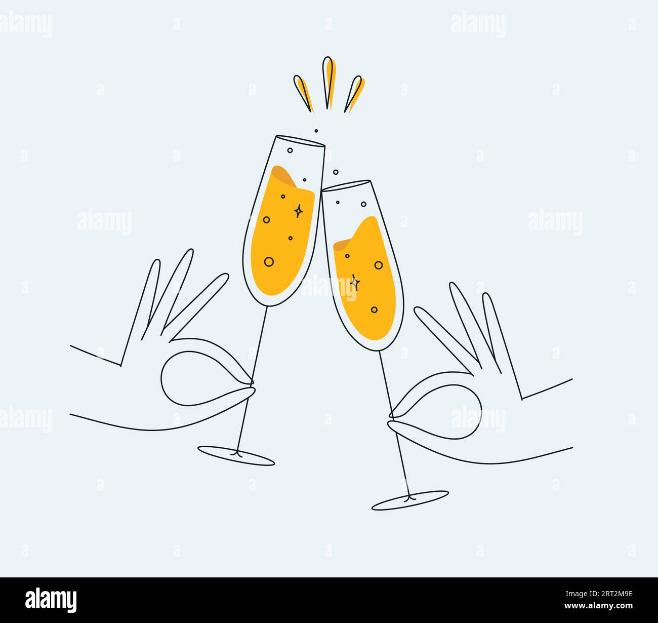 Hand holding champagne clinking glasses drawing in flat line style on ...