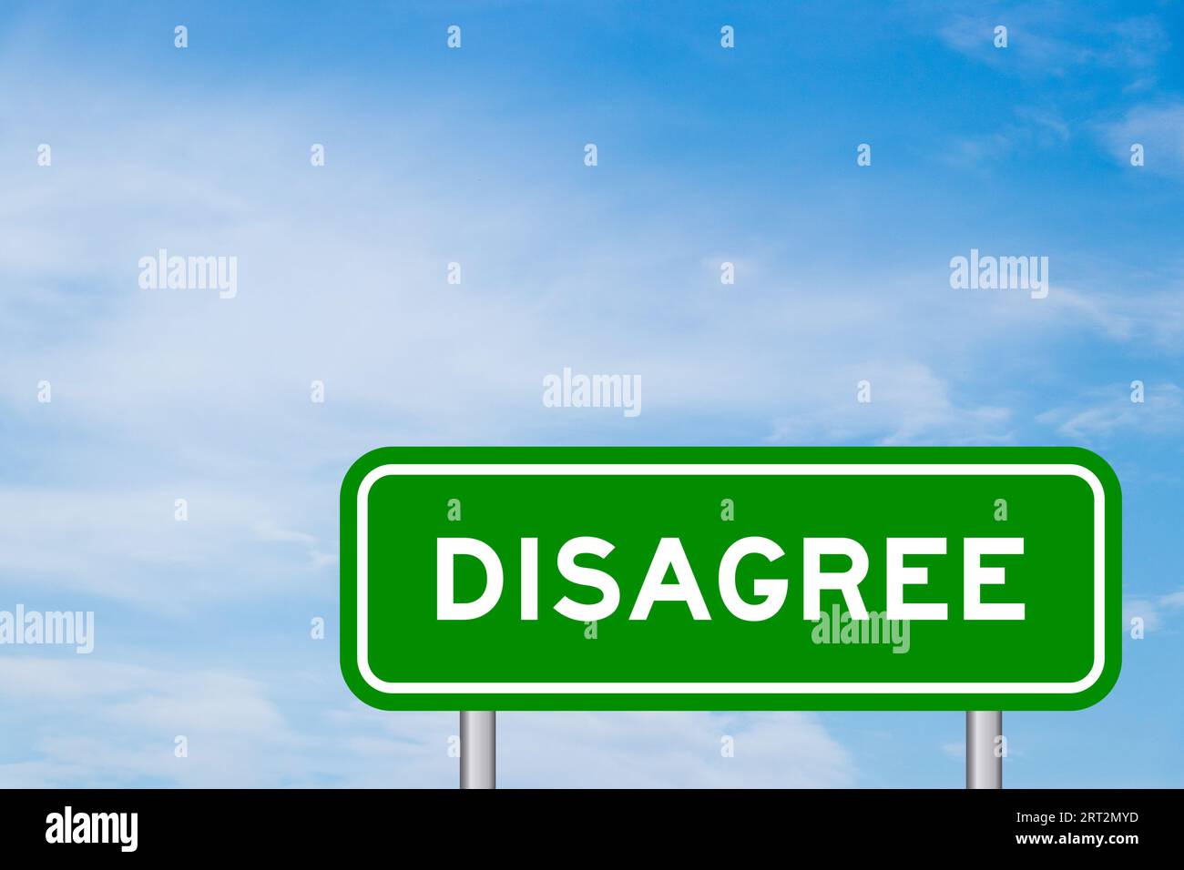 Green color transportation sign with word disagree on blue sky with ...