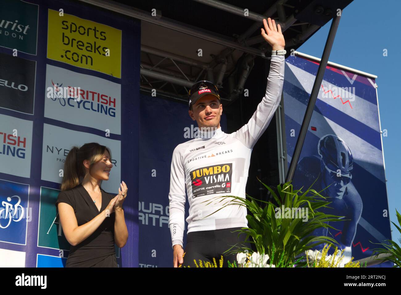 Tour of Britain cycling stage 5 at Felixstowe 2023. Jumbo Visma rider ...