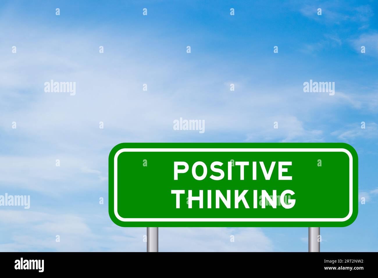 Green color transportation sign with word positive thinking on blue sky ...