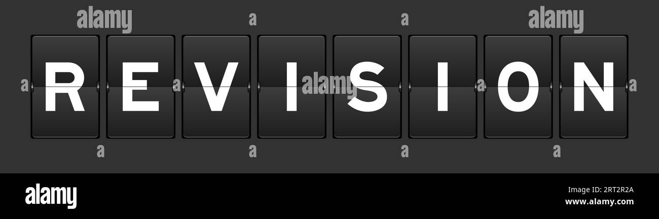 Black color analog flip board with word revision on gray background ...