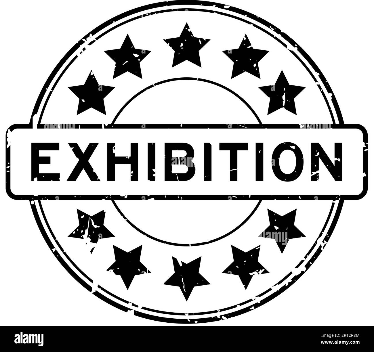 Grunge black exhibition word with star icon round rubber seal stamp on ...