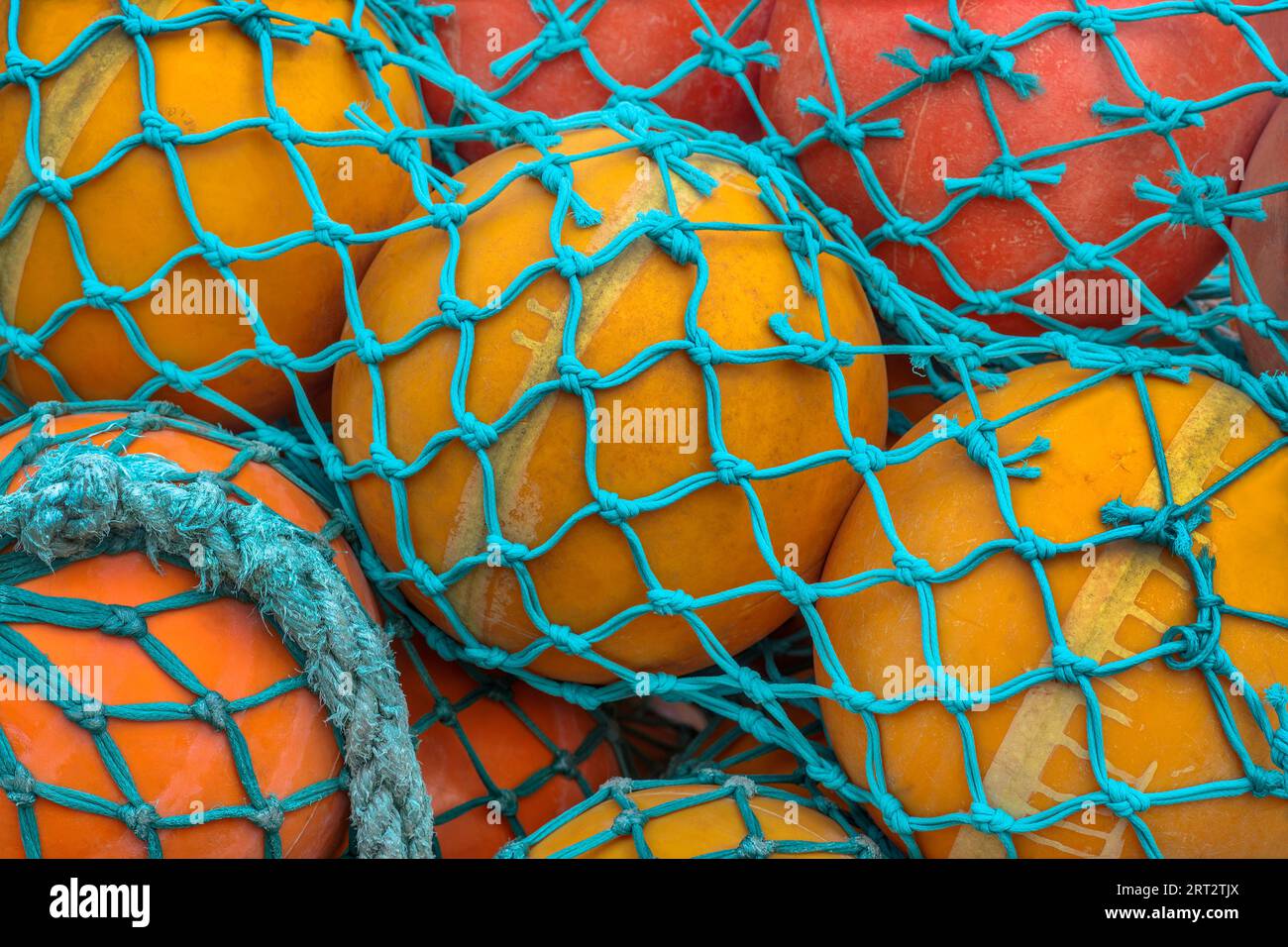 Fishing net with floating balls in the harbour of Kappeln (Schleswig ...