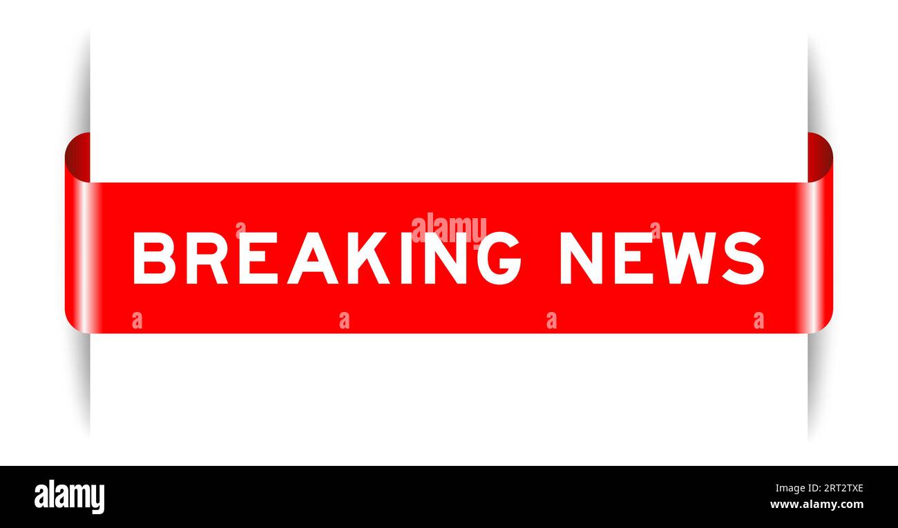 Red color inserted label banner with word breaking news on white ...