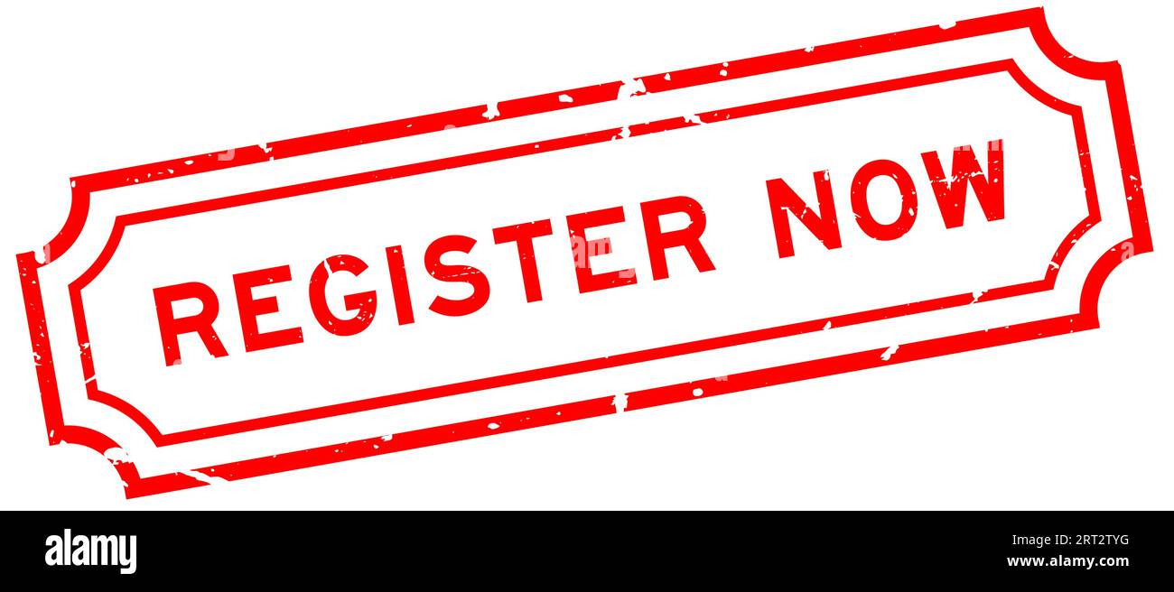 Grunge red register now word rubber seal stamp on white background ...