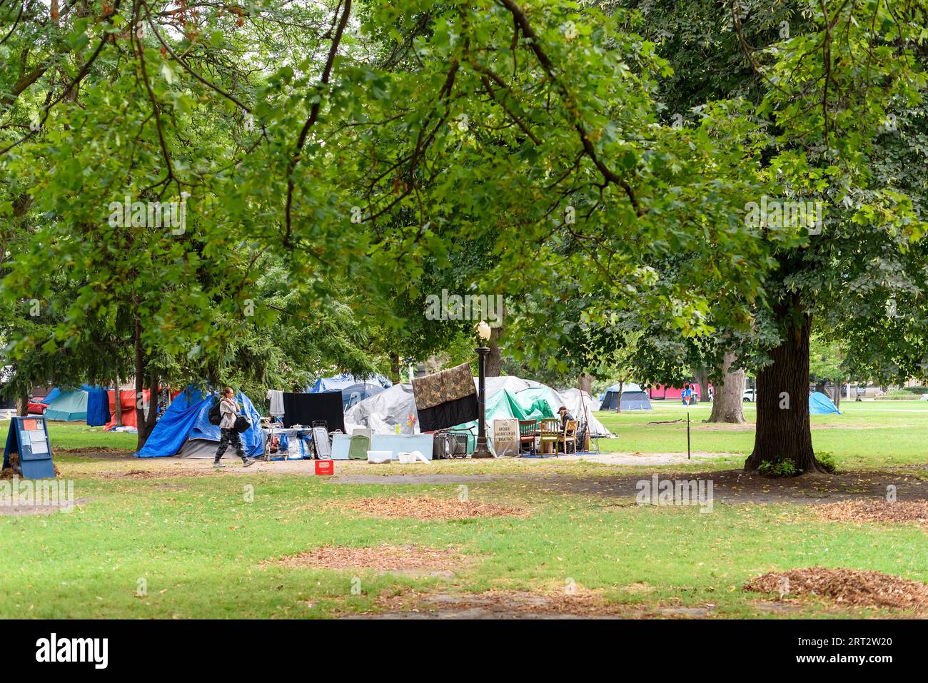 Toronto, Canada, an encampment of homeless people in the Allan Gardens ...