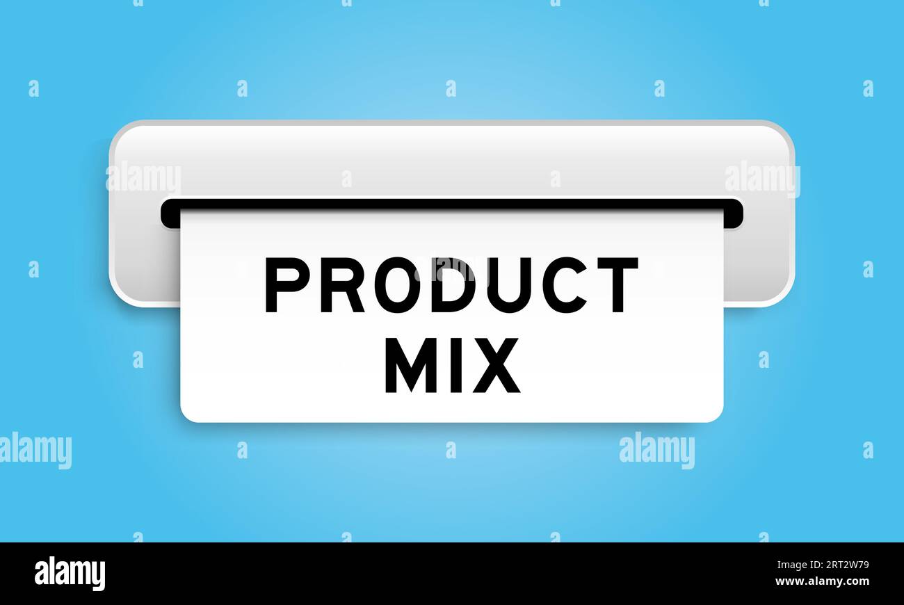 White coupon banner with word product mix from machine on blue color ...