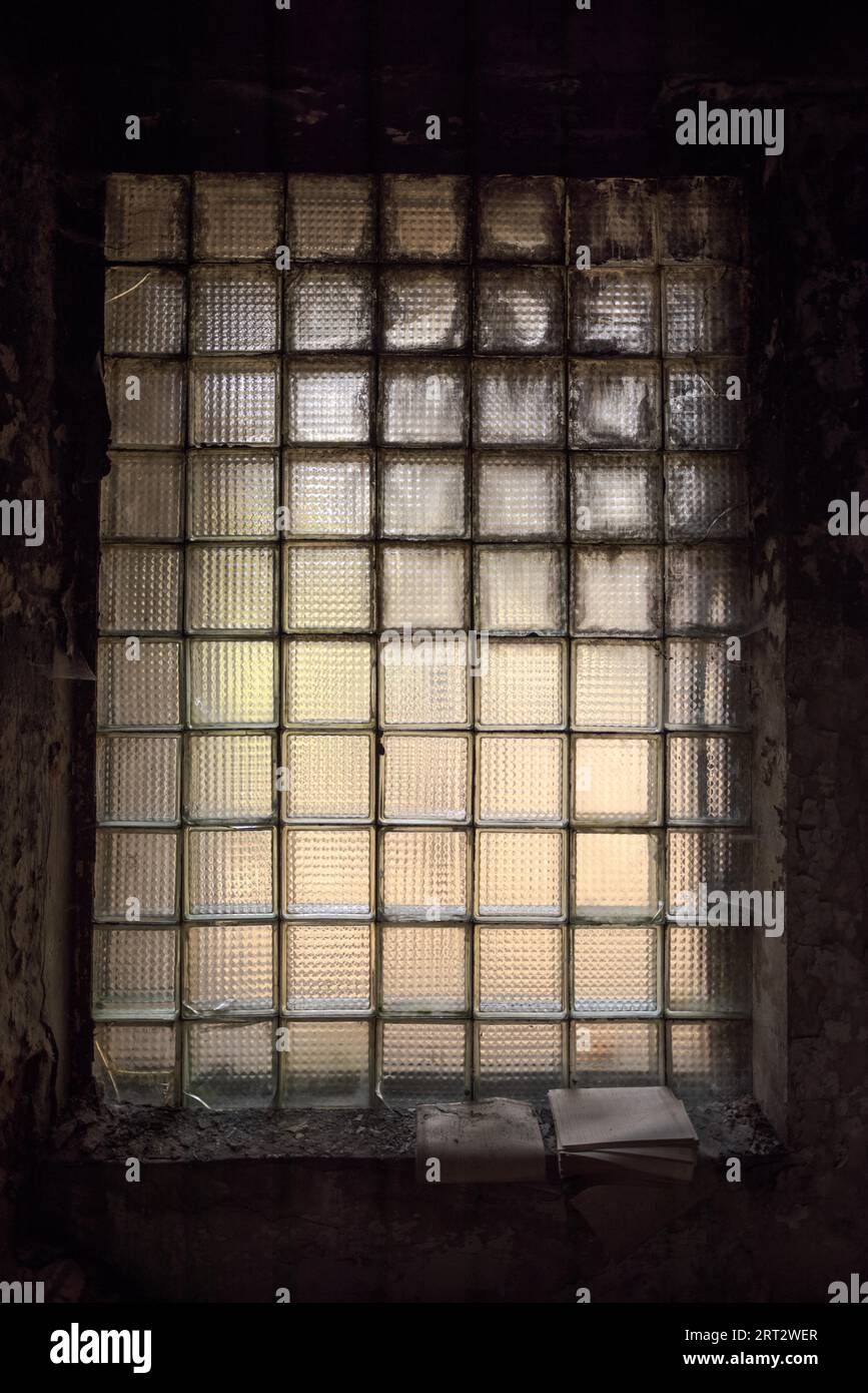 Window made of glass bricks in abandoned hospital in Pripyat, Chernobyl ...