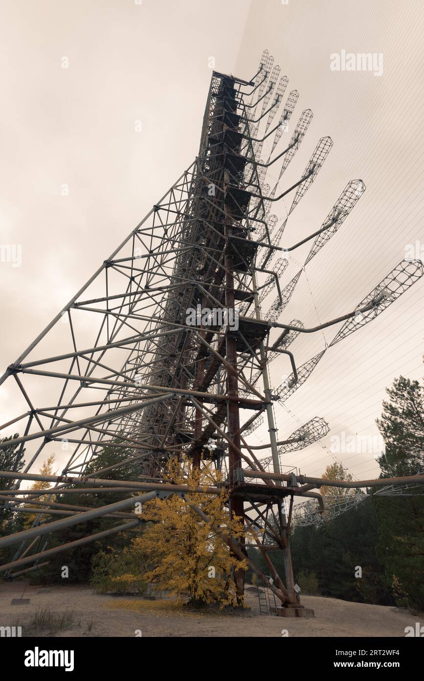 Looking up at the steel cages of the DUGA radar array in Chernobyl ...